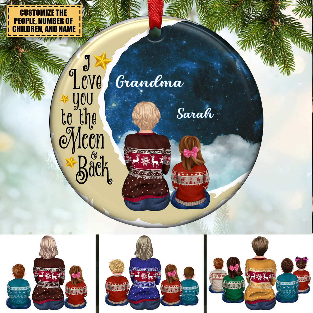 Family - Grandma Grandkids On Moon - Personalized Circle Ornament - roadsir Family - Grandma Grandkids On Moon - Personalized Circle Ornament - roadsir